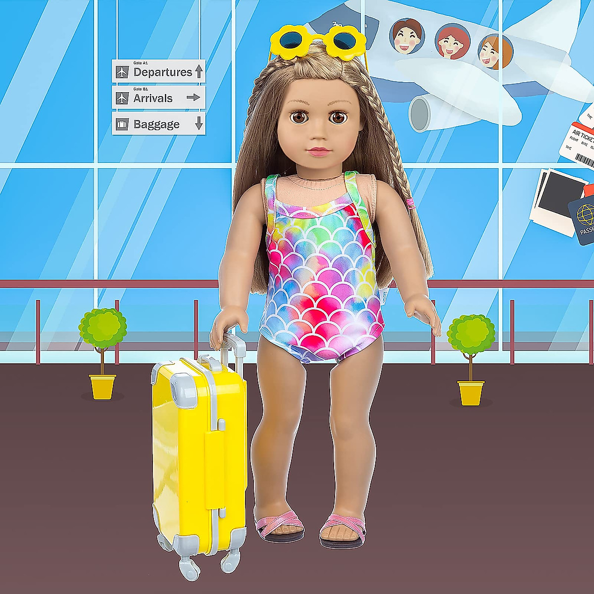 BDDOLL 18 Inch Doll Clothes and Accessories Dolls Travel Suitcase Luggage Play Set for 18 Inch Girl Doll Including Sunglasses Camera Computer Phone Ipad
