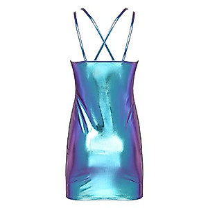 Loloda Women's Sexy Latex Stretchy Bodycon Wrap Dress Sleeveless Mini Club Party Dresses Shiny Blue Small
