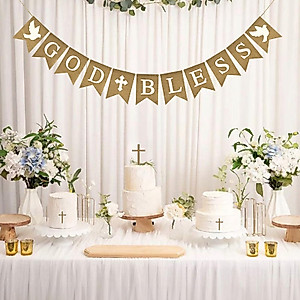 GCQQ God Bless Banner, Pre-strung God Bless Burlap Banner, Neutral God Bless Banner with Pigeon, Rustic First Communion Banner for Boys or Girls, God Bless Banner for Baby Shower, Wedding Party Banner