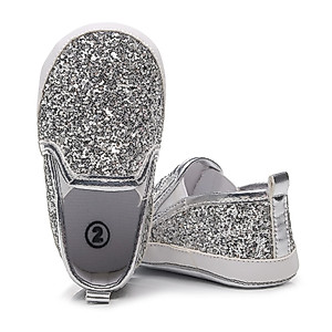 HONGTEYA Baby Shoes Baby Boys Girls Sequins Crib Shoes Baby Moccasins Toddler Leather Caual Sneakers Infant Glitter Shoes - Soft Sole for 0-18 Months Babies First Walking Silver