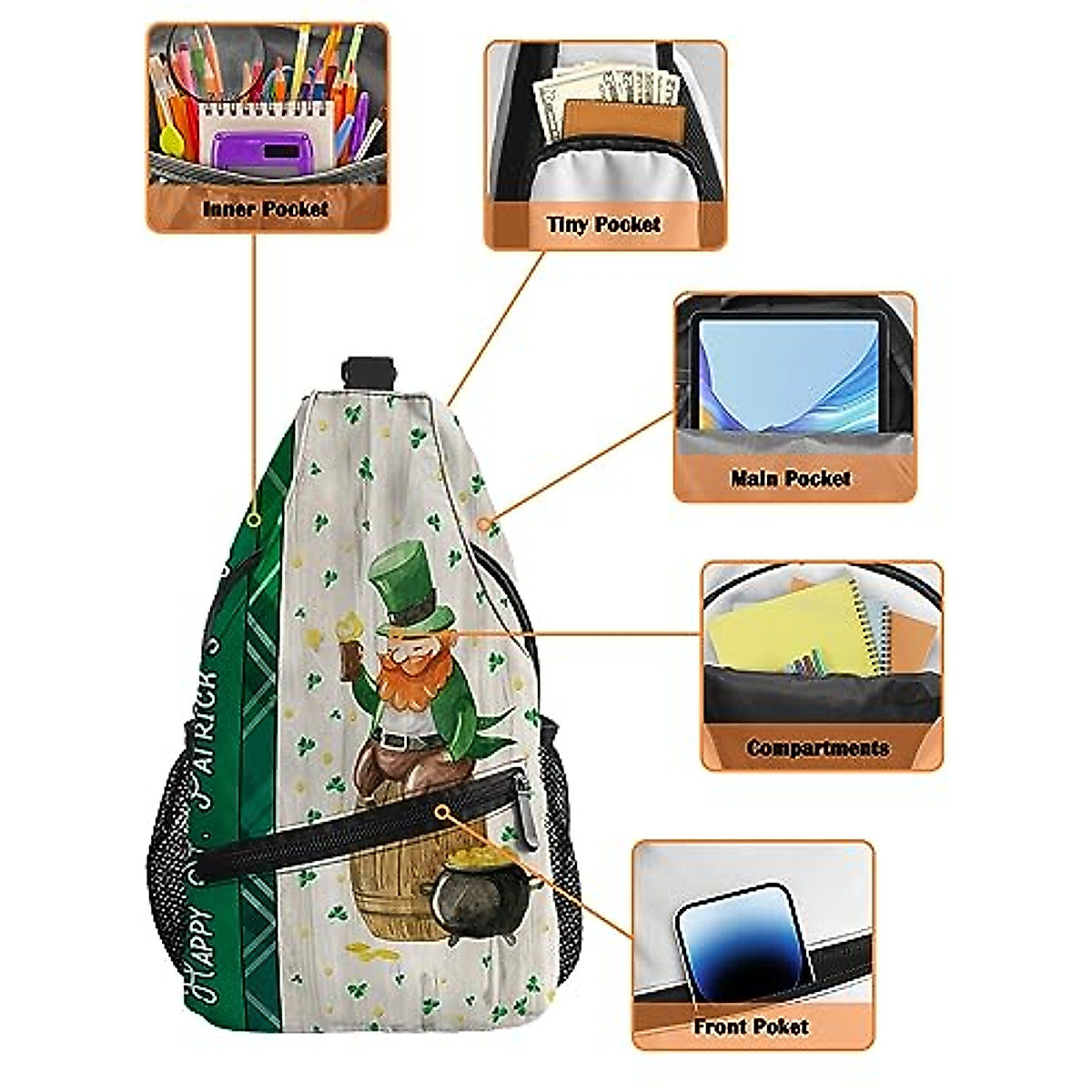 Gsypo Sling Backpack, St. Patrick's Day Dwarf Shamrock Retro Plaid Pattern Waterproof Lightweight Small Sling Bag, Travel Chest Bag Crossbody Shoulder Bag Hiking Daypack for Women Men