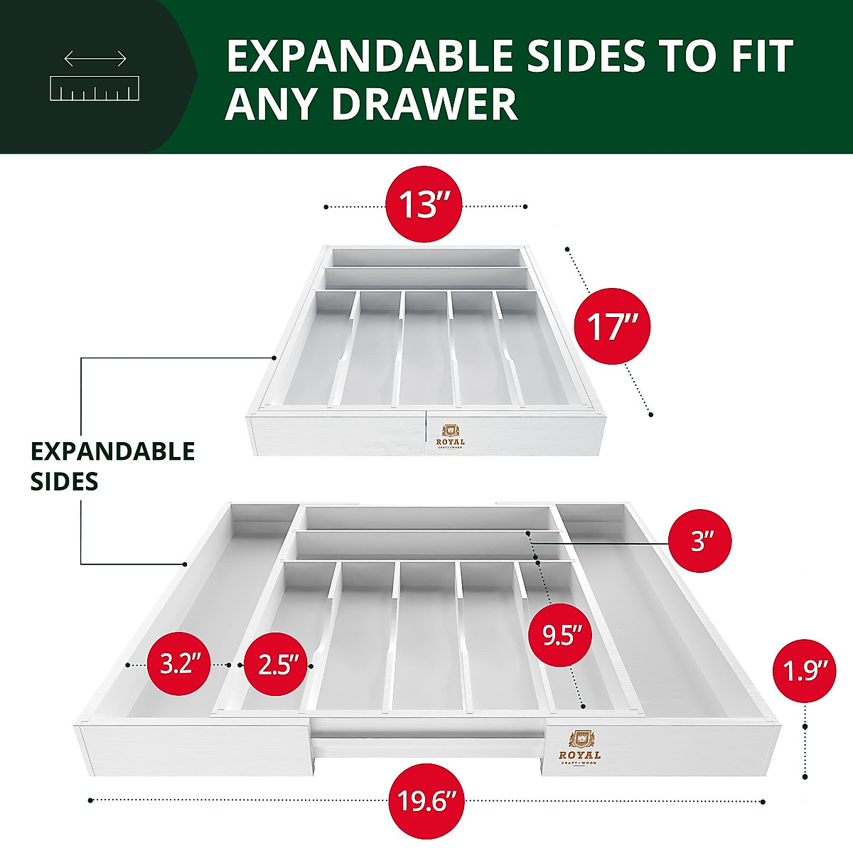 ROYAL CRAFT WOOD Luxury Bamboo Kitchen Drawer Organizer - Silverware Organizer - Utensil Holder and Cutlery Tray with Grooved Drawer Dividers for Flatware and Kitchen Utensils (White)