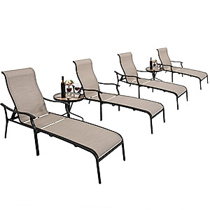HAPPATIO Patio Chaise Lounge Set 6 Pieces,Patio Lounge Chair with Glass Coffee Table,Pool Lounge Chair with Breathable Textilene Fabric,Patio Chaise Lounge Chair(Brown)