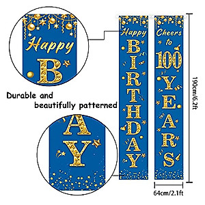 Happy 100th Birthday Porch Sign Banner Decor Blue – Cheers to 100 Years Old Party Theme Decorations for Men Women Supplies