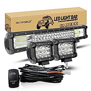 SKYWORLD 20 inch 288W Spot Flood Combo LED Light Bar Work Driving Lamp + 2 x 36W 4 inch LED Pods Fog Lights with 12V Rocker Wiring Harness Kit for Truck Tractor 4x4 4WD Car ATV UTV SUV Vehicles