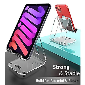 ZAW Acrylic Cell Phone Stand, Office Desk Accessories Clear Phone Stand for Desk, 4MM Acrylic Phone Holder, Compatible with iPhone 14 Pro, Samsung S21 S20 Smartphones (1xPack)