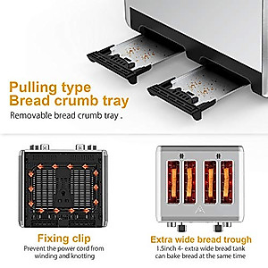 4 Slice Toaster,whall Stainless Steel,Toaster-6 Bread Shade Settings,Bagel/Defrost/Cancel Function with Dual Control Panels,Extra Wide Slots,Removable Crumb Tray,for Various Bread Types 1500W
