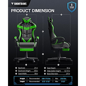 Soontrans Green Gaming Chair with Footrest,Racing Gaming Chair,Computer Gamer Chair,Ergonomic Game Chair with Adjustable Headrest and Lumbar Support(Jungle Green)