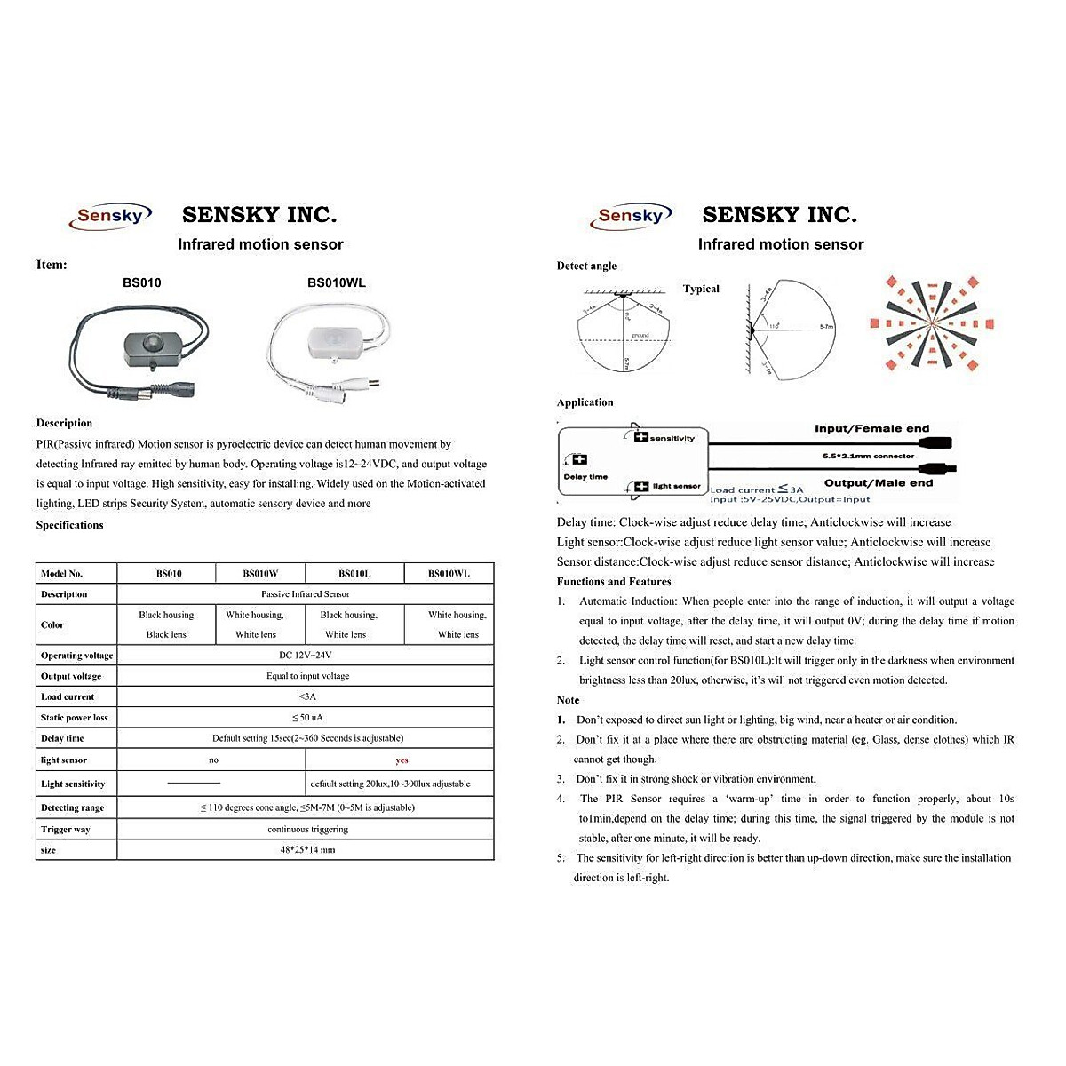 Sensky BS010W DC 12v to 30v PIR Motion Activated Sensor Switch DIY LED Lighting ( Delay Time, Sensor Distance Adjustable )