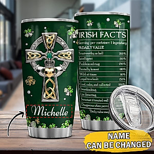 Wassmin Personalized St Patricks Day Tumbler Irish Fact Celtic Cross Jewelry Drawing Stainless Steel Tumbler 20 Oz 30 Oz with Lid Travel Mug Saint Paddy's Day Gifts for Irish Women Men Family Friends