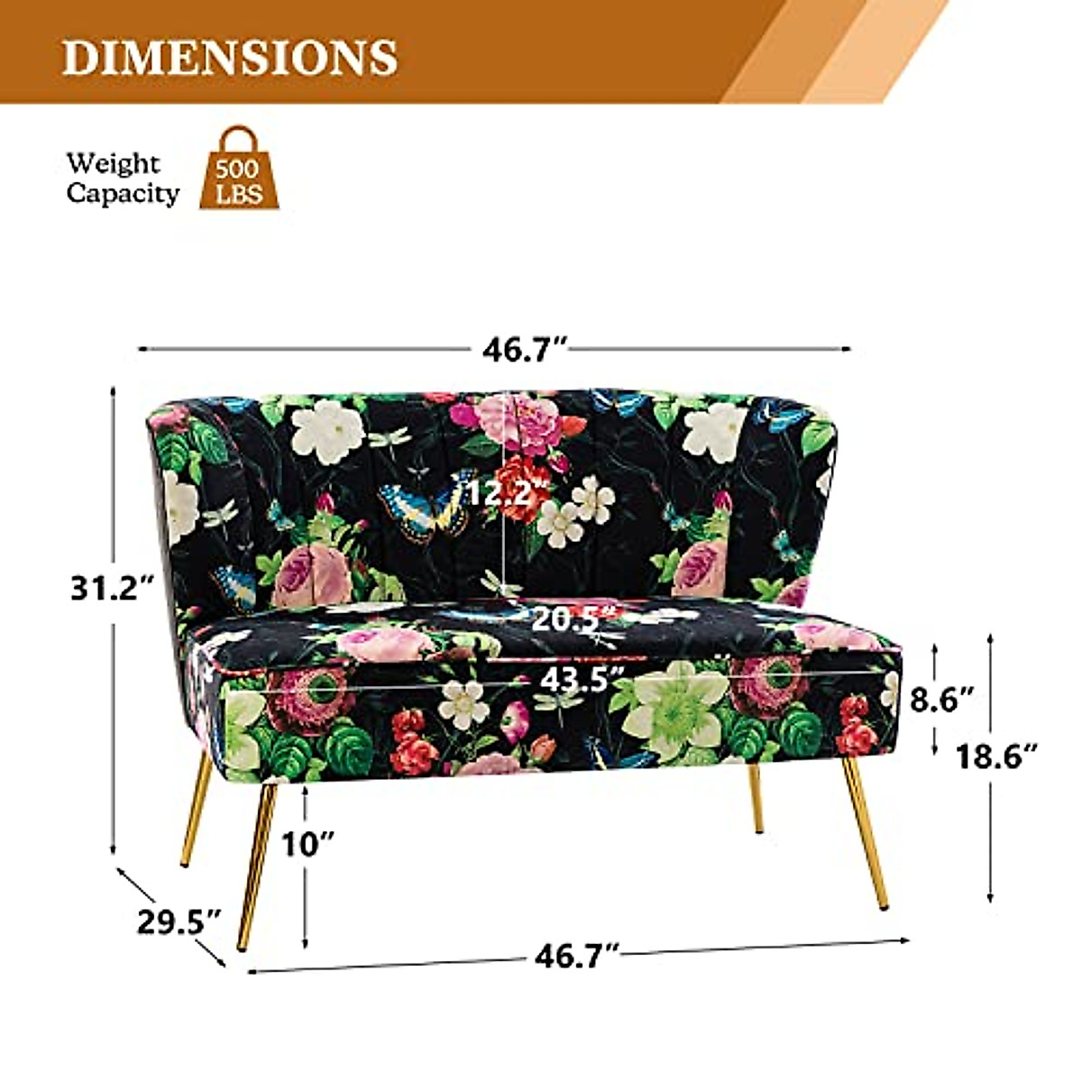 HULALA HOME Mid-Century Loveseat Sofa with Metal Legs, Comfy Upholstered Small Love Seat Couch, Floral Patterns 2-Seat Armless Couch with Tufted Back for Living Room, Apartment Small Spaces(Black)