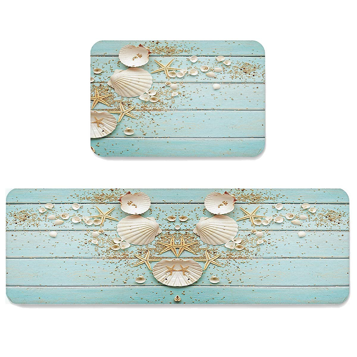 Kitchen Rug Set 2 Pieces Beach Cushioned Kitchen Floor Mats Comfort Soft Standing Doormat, Non Slip Rugs and Runner Coastal Seashell Starfish Blue Wood Board