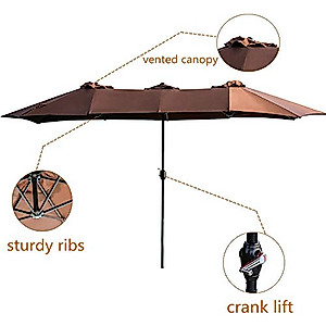 LOKATSE HOME Double-Sided Market Patio Outdoor Umbrella 15 Feet Garden Aluminum Twin Sun Canopy with Crank, 2 Middle Brown