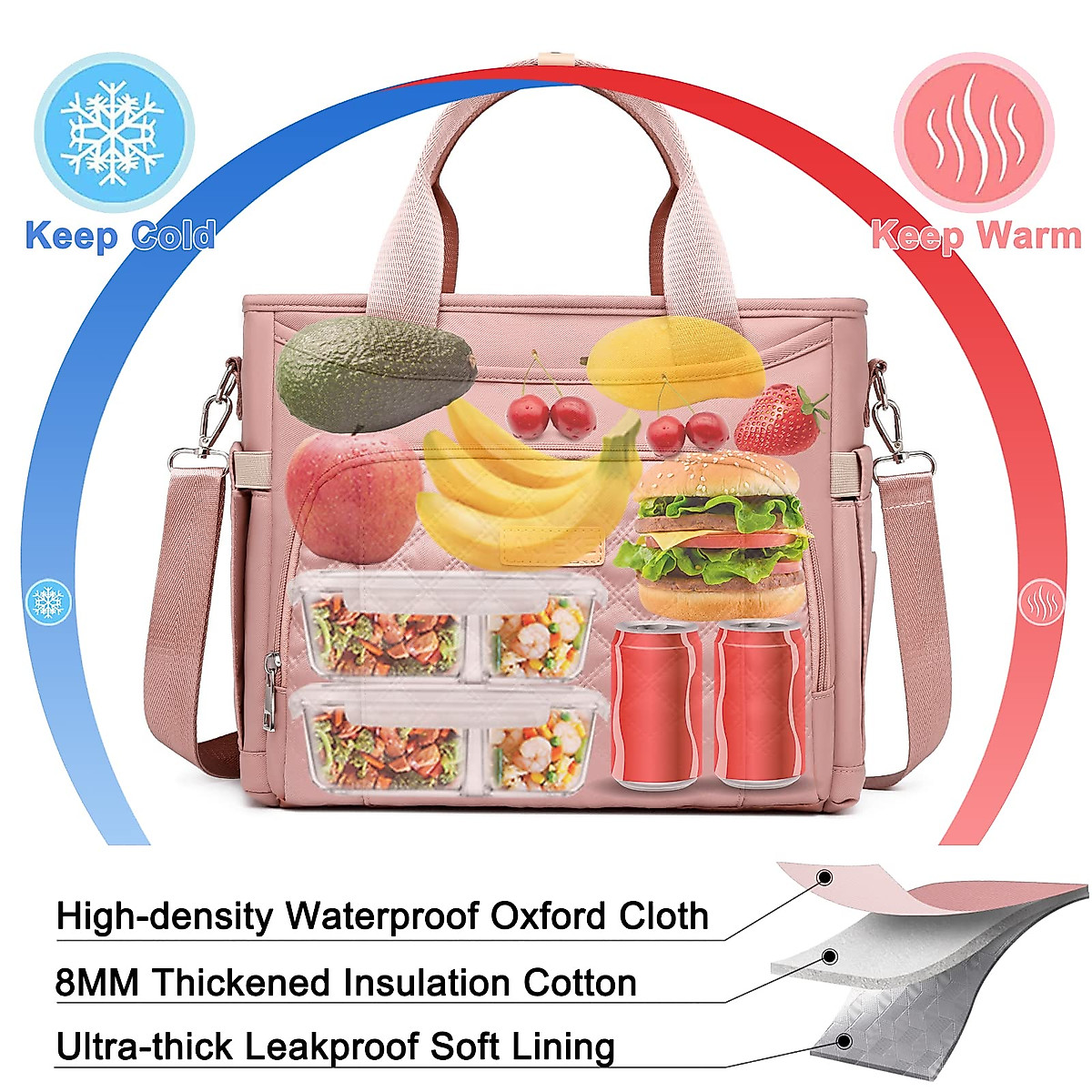 AIJIEKE Lunch Bag for Women, Insulated Lunch Box Tote Bag for Work, Extra Large Wide Open Leak Proof Cooler Bag with Shoulder Strap & Side Pockets for Picnic Hiking Beach, Pink