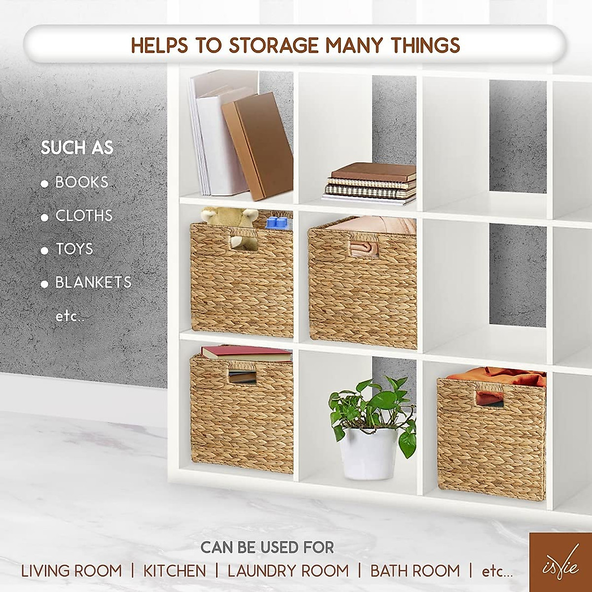 IsVie Woven Hyacinth Storage Baskets 4 Pack, Rectangle Storage Container Organizer Baskets with Built-in Handles Home Organizing Laundry Organizer Cube Baskets (Natural, Set of 4)