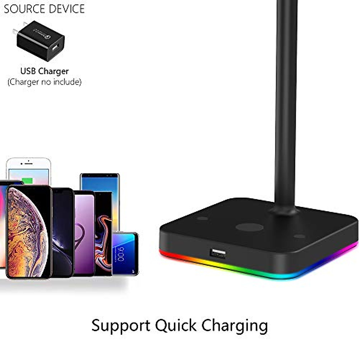 KAFRI RGB Dual Headphone Stand with USB Hub Desk Gaming Double Headset Holder Hanger Rack with 1 USB2.0 Extension Charging Port Extender Cord - Suitable for Gamer Desktop Table Game Earphone