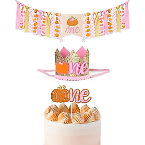 Little Pumpkin First Birthday Decorations Fall High Chair Banner with Glitter Pumpkin Cake Topper One Crown Hat and Balloons for Baby Girls Cake Smash Photo Prop Backdrop Supplies