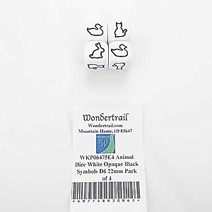 Animal Dice White Opaque Dice with Black Symbols D6 22mm (7/8in) Pack of 4 Wondertrail