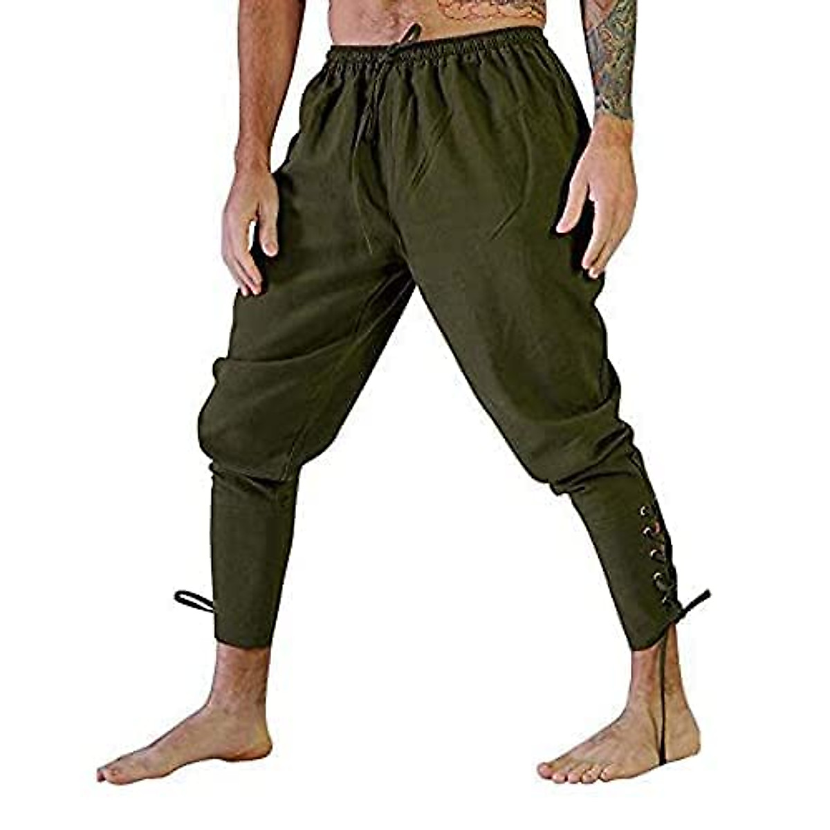 Men's Cotton Linen Renaissance Ankle Banded Pants Retro Medieval Viking Navigator Pirate Trousers (X-Large, Army Green)