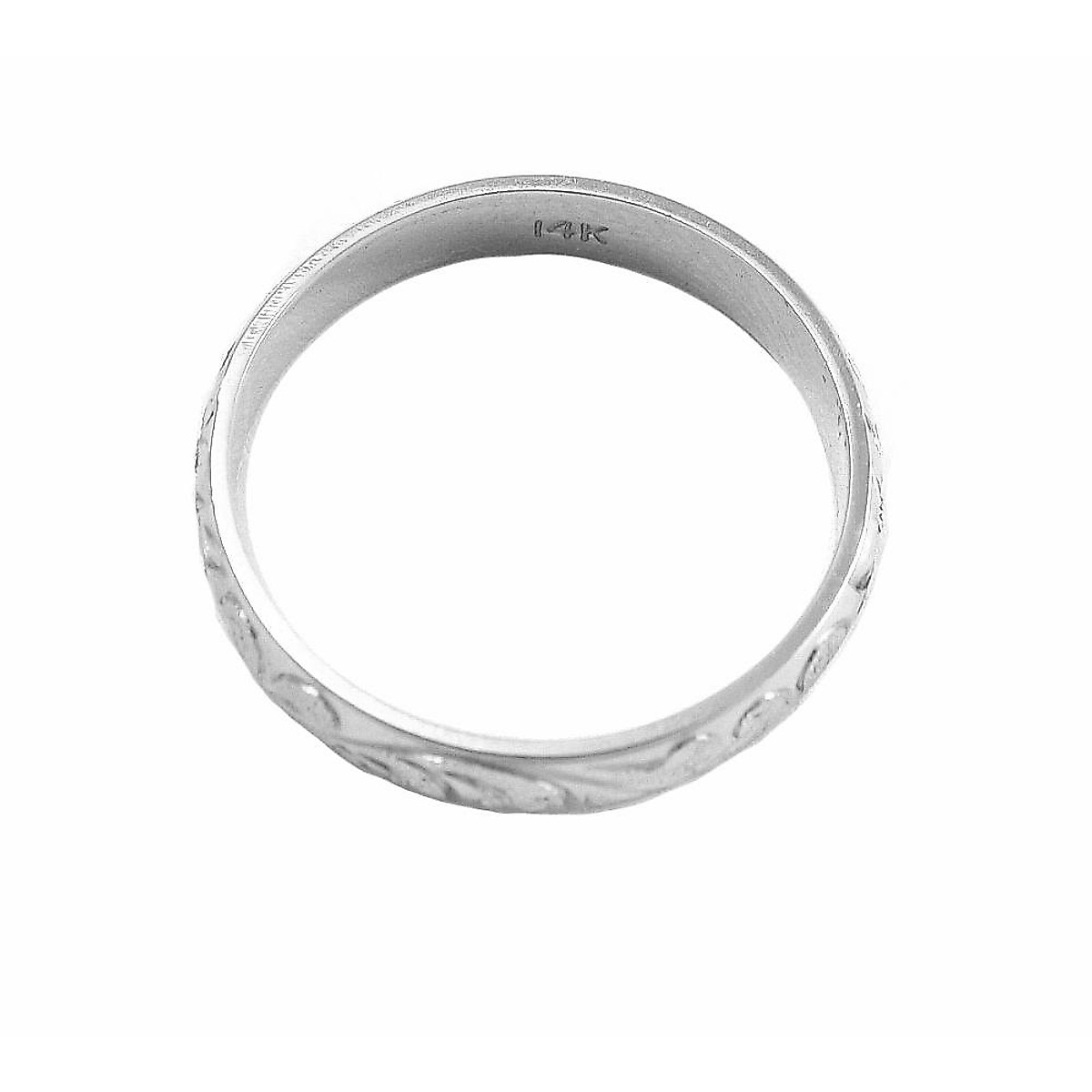 Arthur's Jewelry 14K white gold custom hand engraved Hawaiian queen plumeria scroll band ring 4mm size 9.5