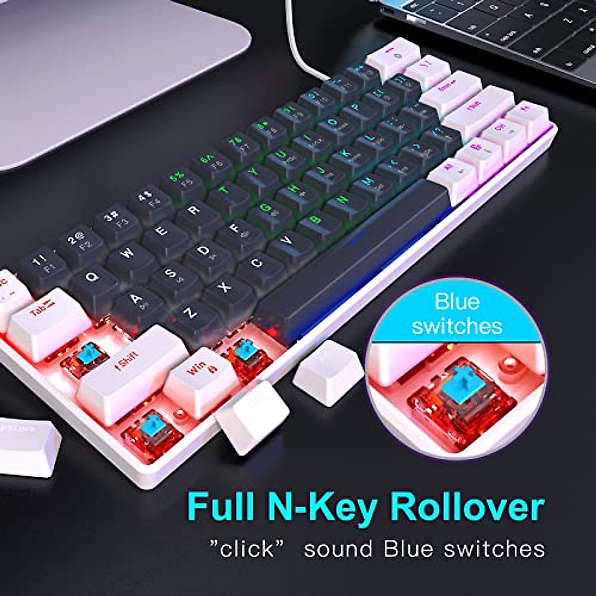 RAZEAK Portable 60 Percent Keyboard, Compact 61 Keys Mini Mechanical Keyboard for PC/Mac Gamer Switchable Colorful Backlit - Blue Switch - White+Black
