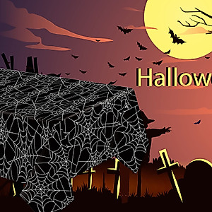 Hamonical 54x107 Inch Halloween Tablecloth, Black Rectangular Spider Web Table Cover, Spillproof Washable PVC Table Topper, Perfect for Halloween Decoration, Dinner Parties