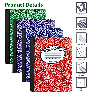 Better Office Products Composition Book Notebook - Hardcover, Wide Ruled (11/32-inch), 100 Sheet, One Subject, 9.75" x 7.5", Assorted Covers: Red, Blue, Green, Purple-12 Pack