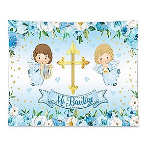 Funnytree 118" x 95" Mi Bautizo Backdrop God Bless First Holy Communion Baptism Christening Boy Party Supplies Baby Shower Angel Flower Background Banner Decor Favors Photobooth Props Gifts Fabric