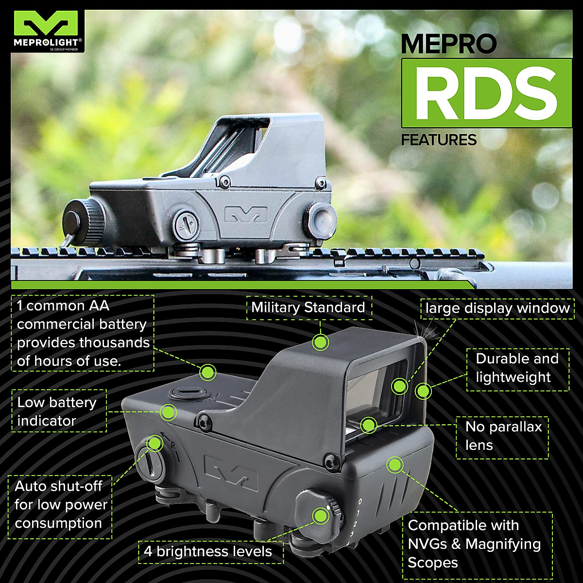 MEPROLIGHT MEPRO RDS Mil-Spec Electro Optic Red Dot Sight,2.0 RED DOT, 4 Reticle Brightness, Quick Release Integrated Picatinny
