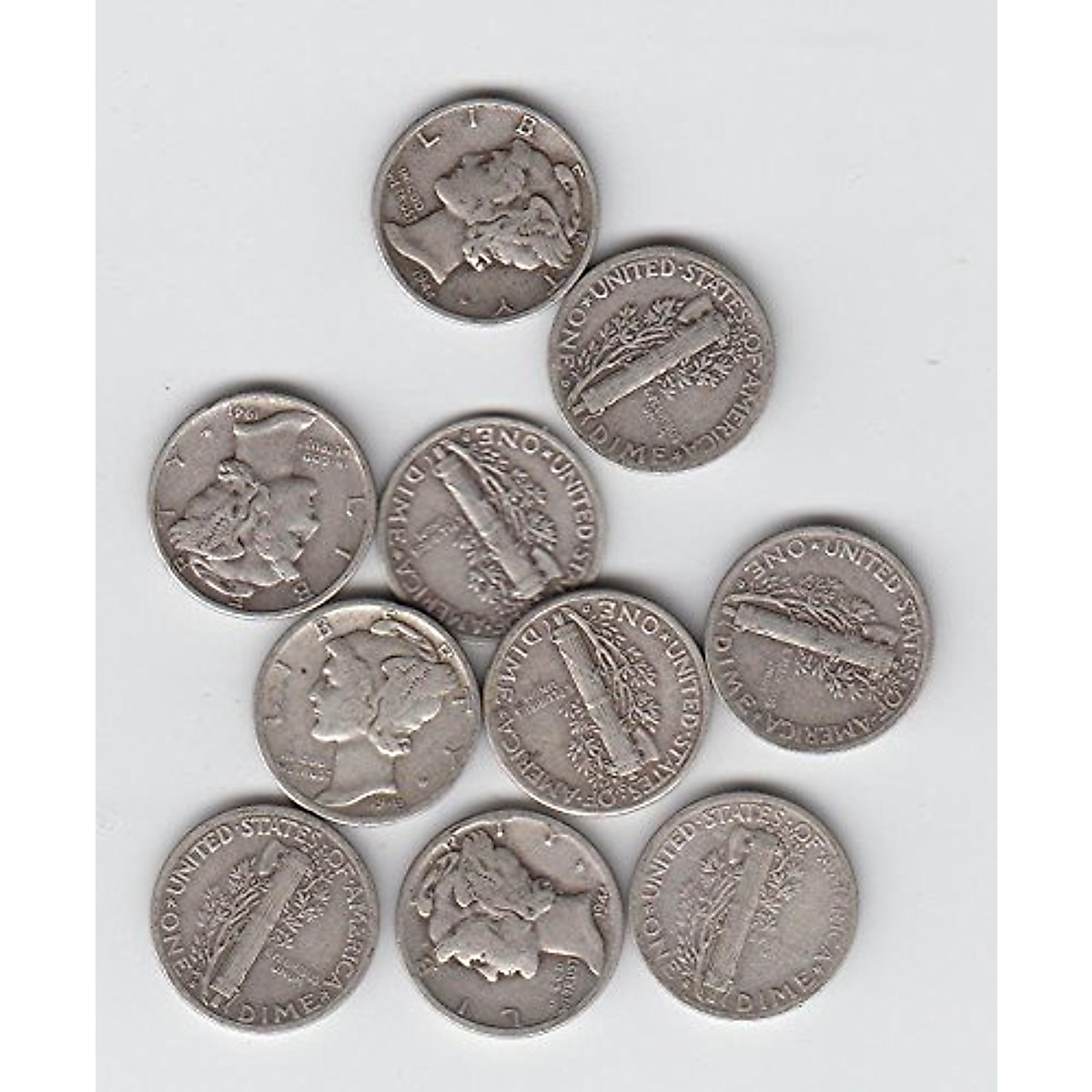 1916 to 1945 PDS Mercury Dimes - Set of 10 Coins - All Full date - All Full Rim - Dime US Mint - Grades VG and better