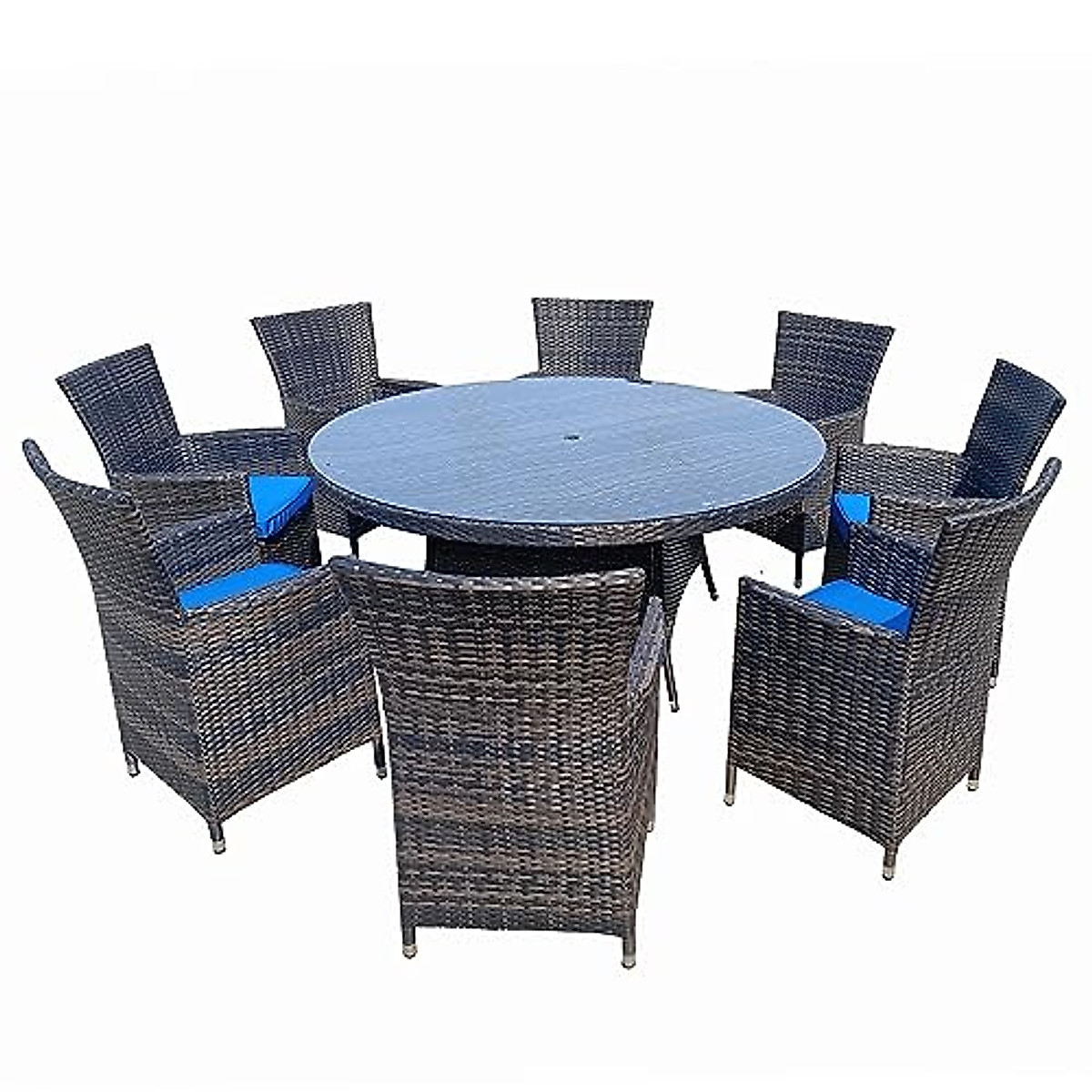 PATIOPTION 9 Piece Patio Set Outdoor Wicker Patio Furniture Sets Modern Bistro Set PE Rattan Chair Conversation Dining Sets (Round Table with 8 Seater) - Blue Cushion