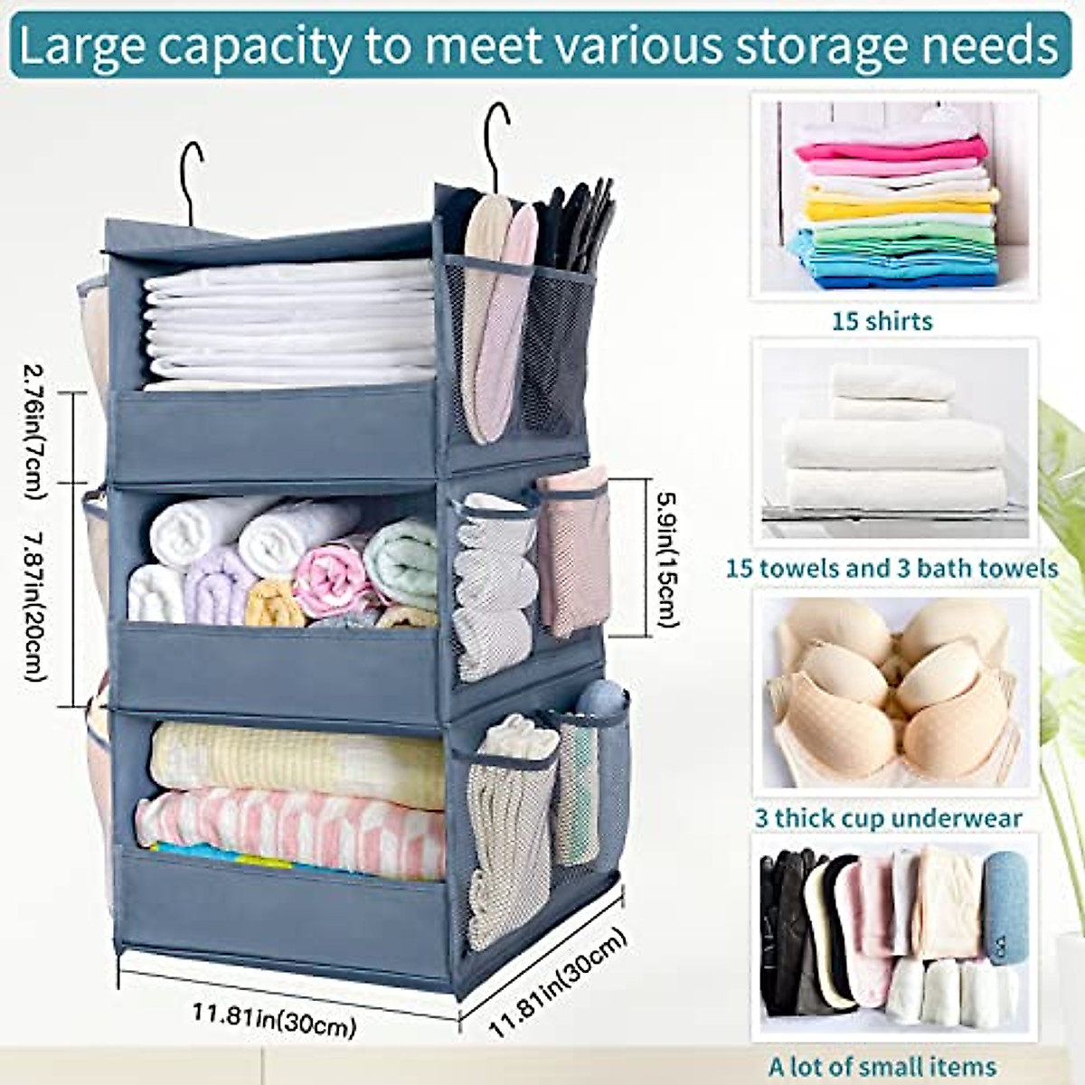PENGFULL 3 Shelf Hanging Closet Organizer，Closet Hanging Organizer Foldable with 9 Side Pockets for Storage，Hanging Organizer for Closet & RV& Camper (Stationary Board)