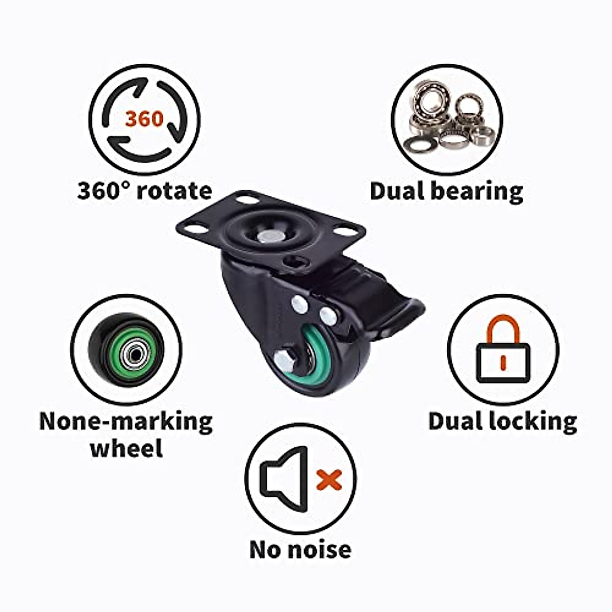 Caster Wheels 2 inch Heavy Duty with Brake,Swivel Plate(2.76 * 1.97 inch) Casters Set of 4 Total Load Capacity 616 lbs,No Floor Marks,Silent Polyurethane (PU) for Dolly Furniture Wheels