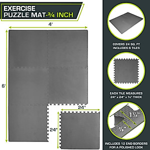 ProsourceFit Extra Thick Puzzle Exercise Mat , EVA Foam Interlocking Tiles for Protective, Cushioned Workout Flooring for Home and Gym Equipment, Grey - 3/4 inch - 24 Sq Ft - 6 Tiles