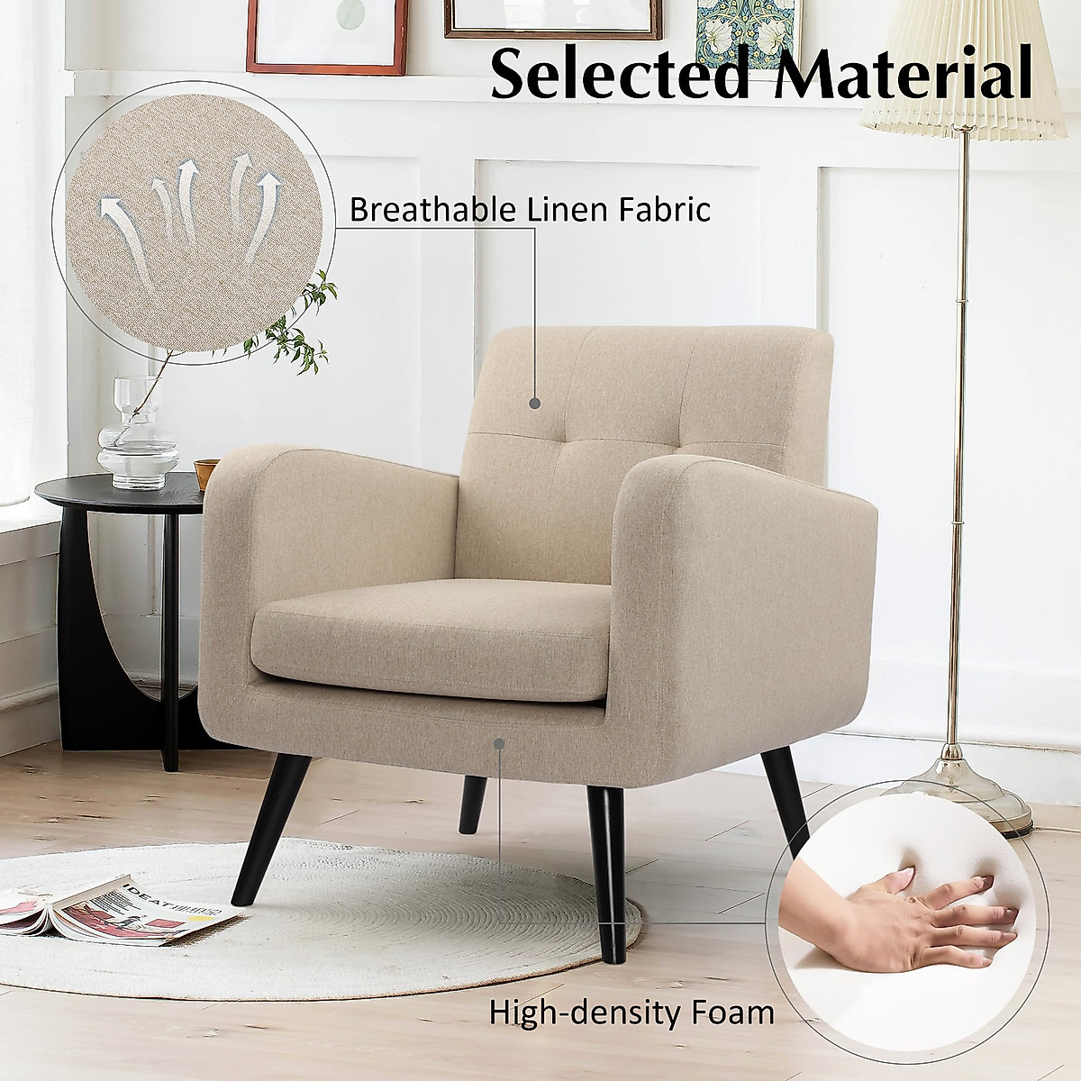 LSSPAID Modern Accent Chairs, Upholstered Fabric Cozy Armchairs, Living Room Side Chair with Solid Wood Legs, Beige