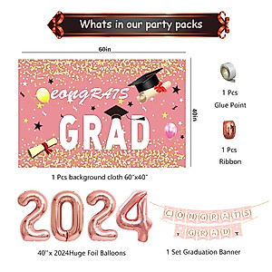 Graduation Decorations 2023 - Rose Gold Graduation Party Supplies Including Grad Banner, Graduation Backdrop, Hanging Swirls, Grad Balloons Garland Kit, and Photo Booth Props for Grad Decor | Pink