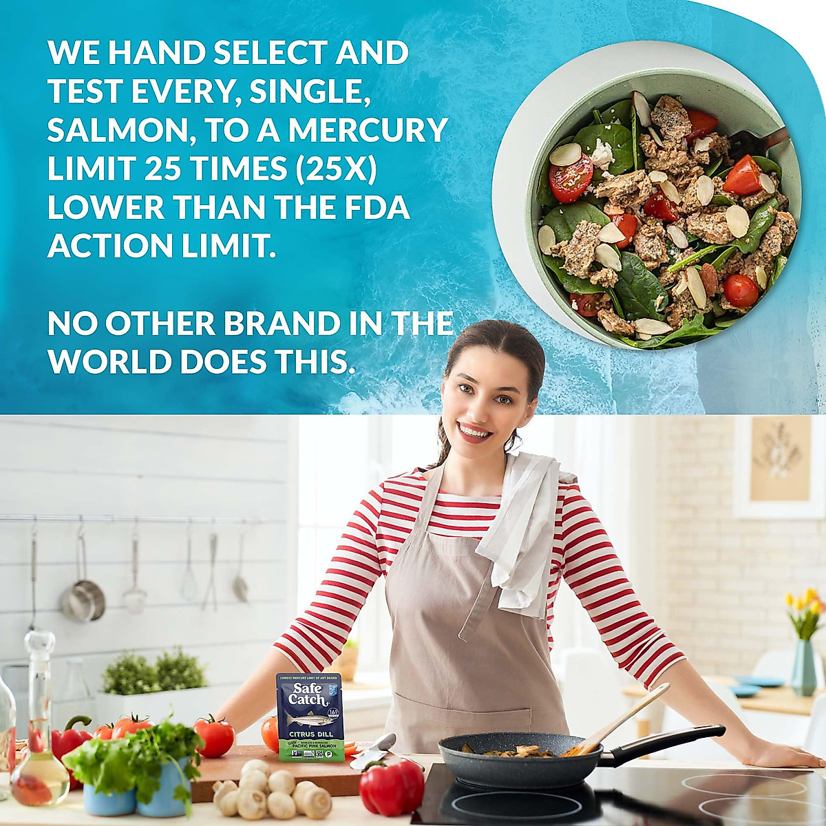 Safe Catch Skinless and Boneless Wild Pacific Pink Salmon Pouch, Citrus Dill Seasoned, Mercury Tested, Kosher, 2.6oz Pouches, Pack of 12