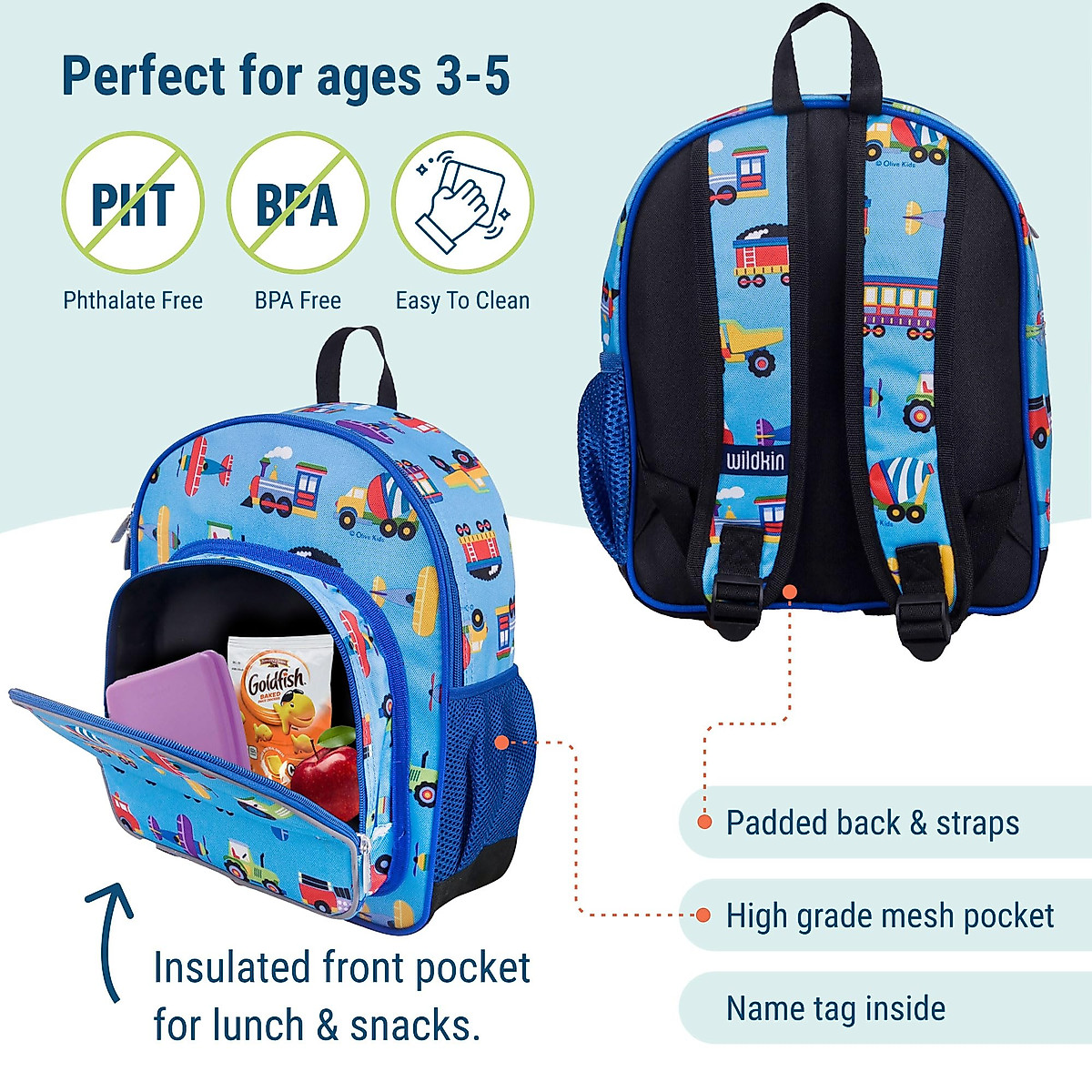 Wildkin 12-Inch Kids Backpack for Boys & Girls, Perfect for Daycare and Preschool, Toddler Bags Features Padded Back & Adjustable Strap, Ideal for School & Travel Backpacks(Trains, Planes, and Trucks)