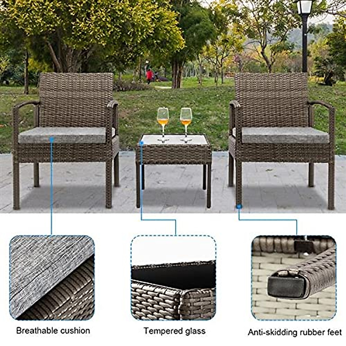 JYDQM in Stock 3 Piece Patio Furniture Set Wicker Rattan Outdoor Patio Conversation Set 2 Cushioned Chairs & End Table