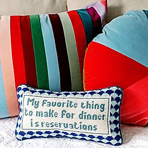Furbish Handmade Needlepoint Decorative Throw Pillow - with Reservations - 8" x 14" - Small Embroidered Accent Pillow for Bed, Chair, Couch, Sofa - Aesthetic Preppy Home Decor