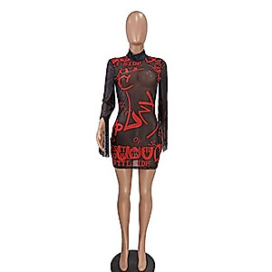 Uni Clau Women Sexy Mini Mesh Sheer See Through Dresses Tassel Long Sleeve Letter Print Bodycon Party Dress Red XL