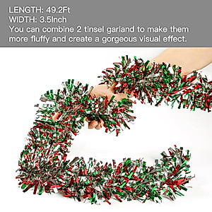 Sggvecsy 49.2Ft Christmas Green Red Silver Tinsel Garland Xmas Tree Decorations Christmas Metallic Twist Garland Ceiling Hanging Decorations for New Year Party Birthday Holiday Indoor Outdoor Supplies