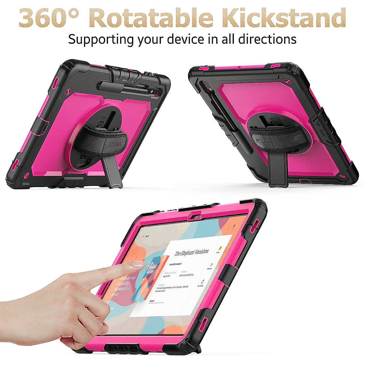SEYMAC stock Case for Samsung Galaxy Tab S8 Plus/ S7 FE 5G Case 12.4'' with Screen Protector Pencil Holder [360 Rotating Hand Strap] &Stand, Drop-Proof Case for Galaxy Tab S8 Plus/ S7 FE, Rose/Black