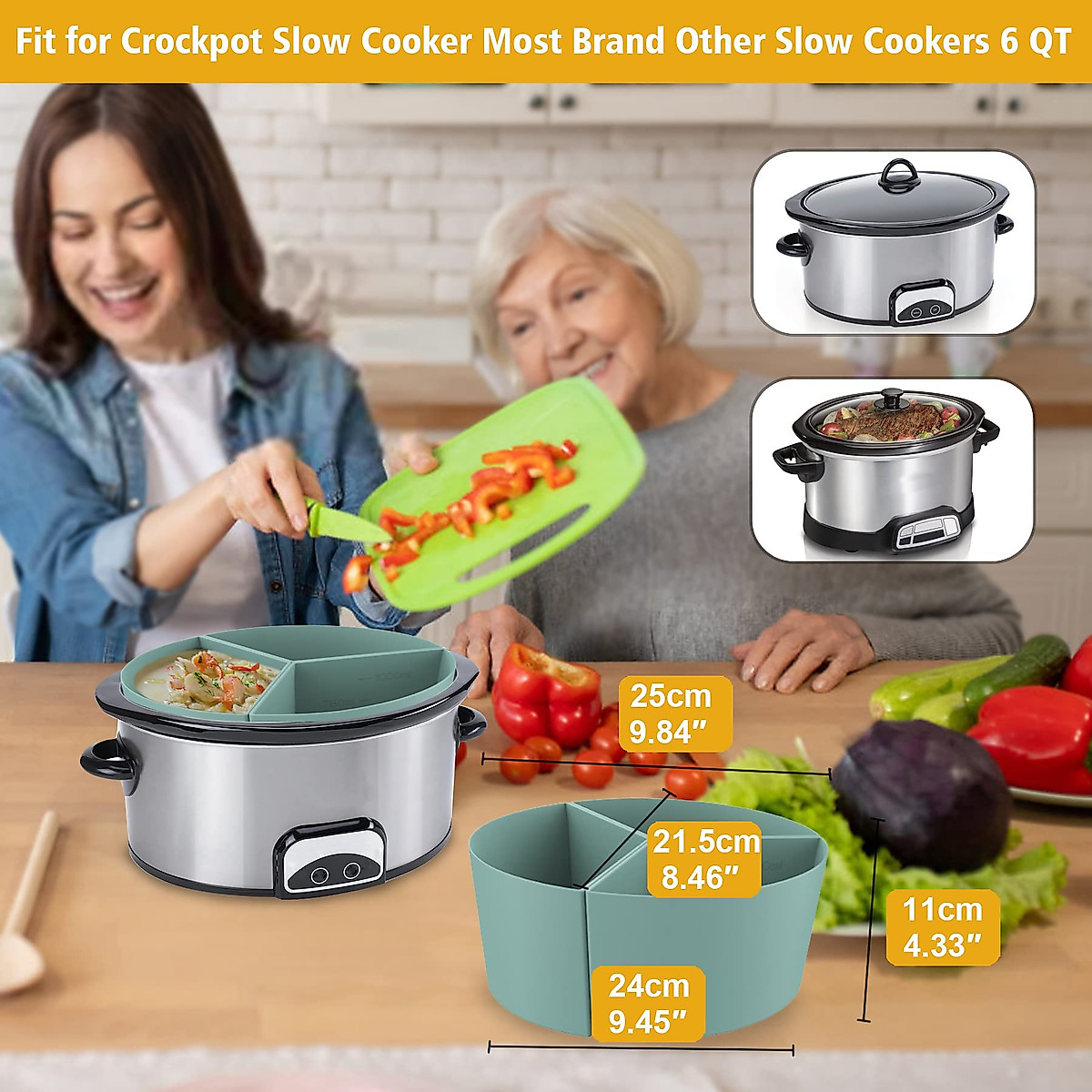 Slow Cooker Liners - Crock Pot Liners Silicone Insert Divider 3 IN 1, For 6 Quart Oval Slow Cookers, Reusable Silicone Slow Cooker Liner For Crock Pot Divider Insert, Dishwasher Safe BPA Free,7QT