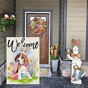 CROWNED BEAUTY Easter Dog Garden Flag Beagle Bunny Ears 12X18 Inch Small Double Sided for Outside Floral Eggs Burlap Yard Holiday Decoration CF762-12
