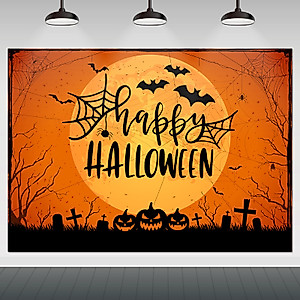 Mocsicka Happy Halloween Backdrop Orange Night Moon Graveyard Background Spooky Pumpkin Spider Web Halloween Party Cake Table Decoration Banner Photo Booth Props (7x5ft)