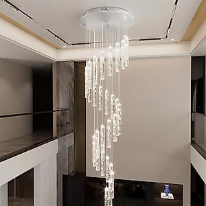 IDEQUY Large Crystal Chandeliers for High Ceilings 32-Lights Silver 150in Spiral Crystal Column Chandelier for Foyer Entryway LED Dimmable 3000K-6000K