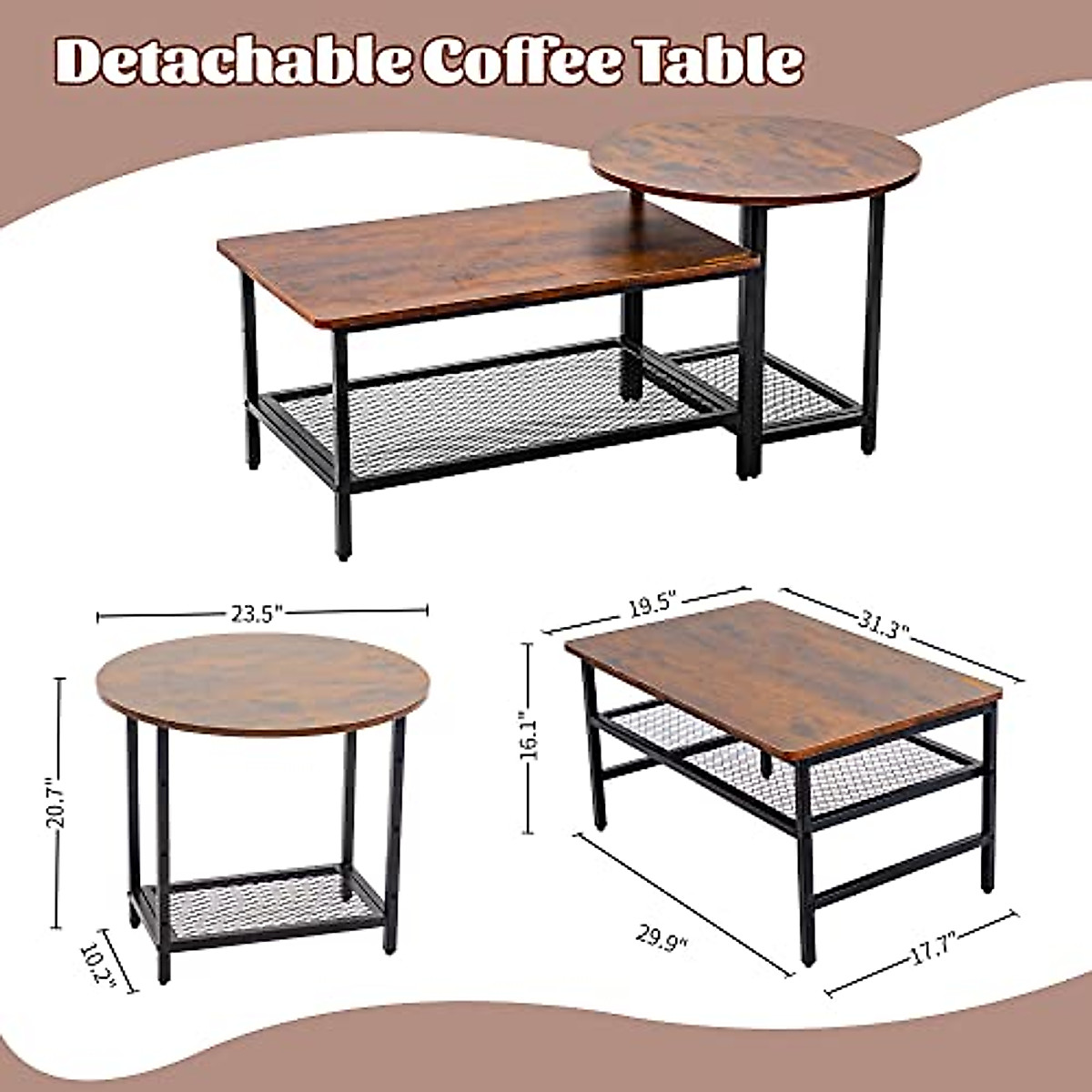 BETTAHOME 2 Piece Industrial Coffee Table Set, Detachable Nesting Rectangular and Round Side Table with Storage Shelf, Ideal for Living Room, Small Spaces Rustic Brown BT003