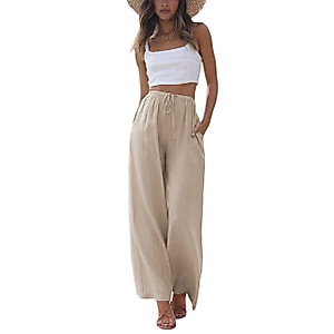 SCUSTY Women's Summer Cotton Linen Wide Leg Pants Drawstring High Waist Palazzo Flowy Beach Trousers with Pockets(Khaki-XL)