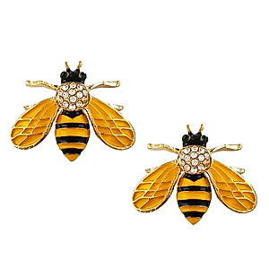 SELOVO Honeybee Bee Yellow Enamel Small Brooch Pin Set 2 Pcs Gold Tone Crystal